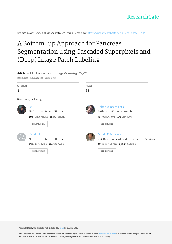 Pdf A Bottom Up Approach For Pancreas Segmentation Using Cascaded Superpixels And Deep Image