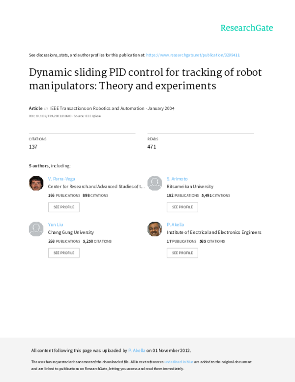 Pdf Dynamic Sliding Pid Control For Tracking Of Robot Manipulators Theory And Experiments