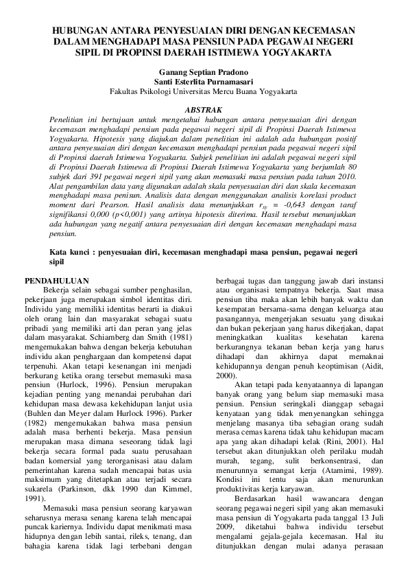 (PDF) HUBUNGAN ANTARA PENYESUAIAN DIRI DENGAN KECEMASAN DALAM MENGHADAPI MASA PENSIUN PADA ...