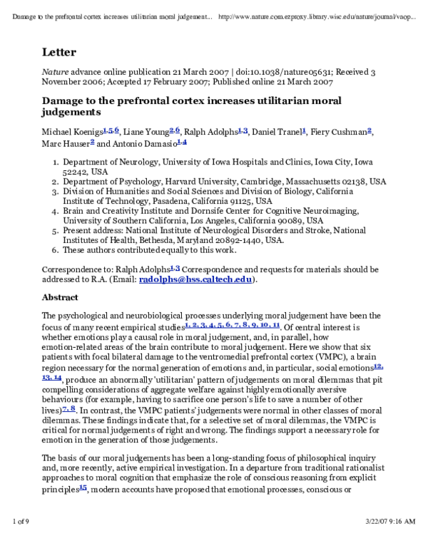 (PDF) Damage to the prefrontal cortex increases utilitarian moral ...