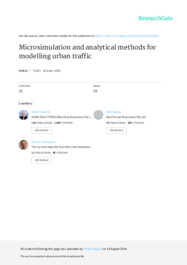 (PDF) Microsimulation and analytical methods for modelling urban traffic