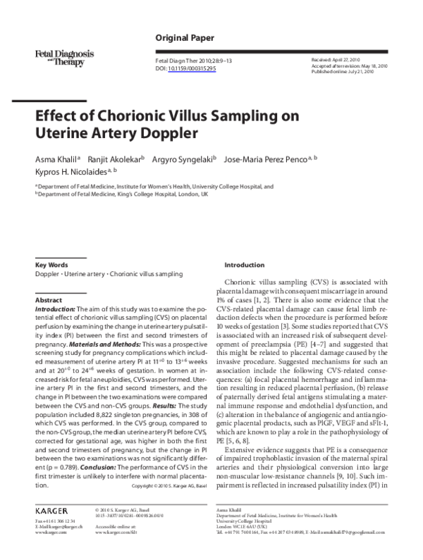 (PDF) Effect of chorionic villus sampling on uterine artery Doppler