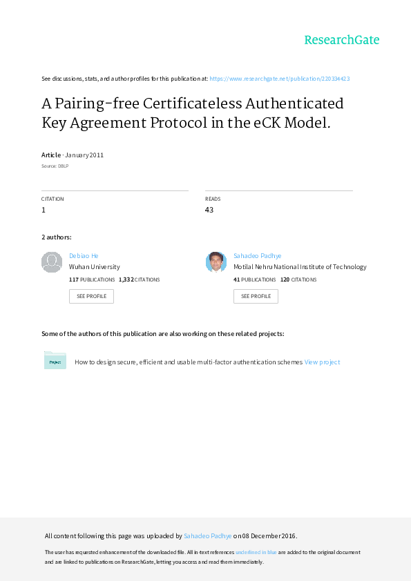 (PDF) A pairing‐free certificateless authenticated key agreement protocol