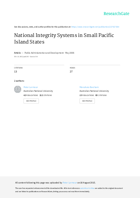 (PDF) National integrity systems in small Pacific island states