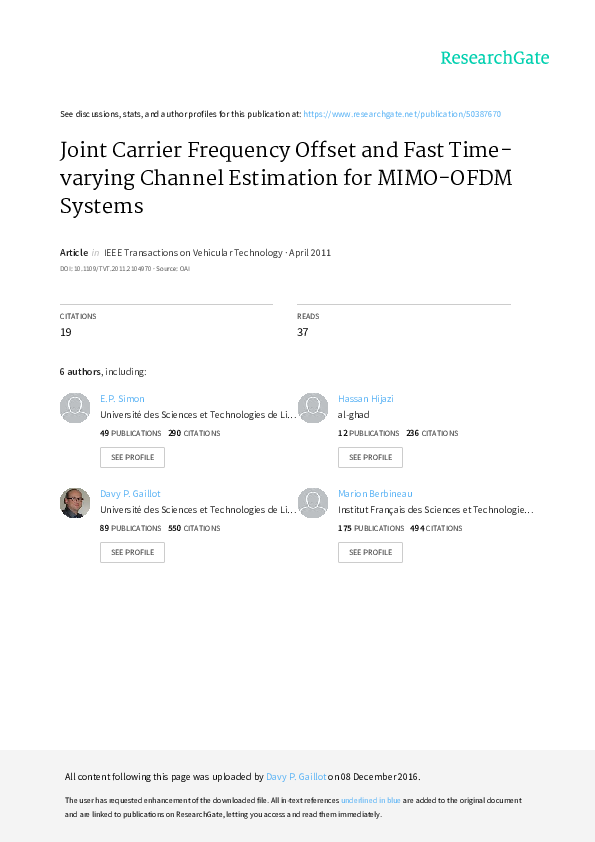 (PDF) Joint Carrier Frequency Offset and Fast Time-Varying Channel Estimation for MIMO-OFDM Systems