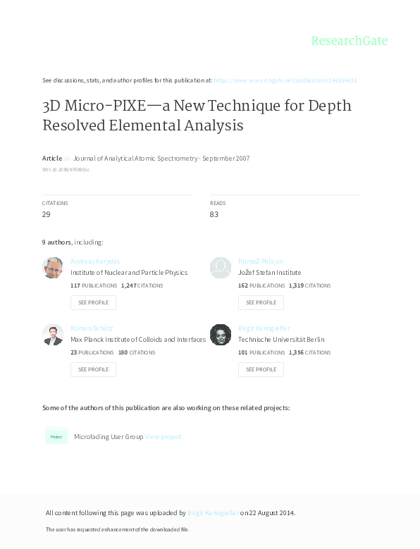 Pdf 3d Micro Pixe—a New Technique For Depth Resolved Elemental Analysis