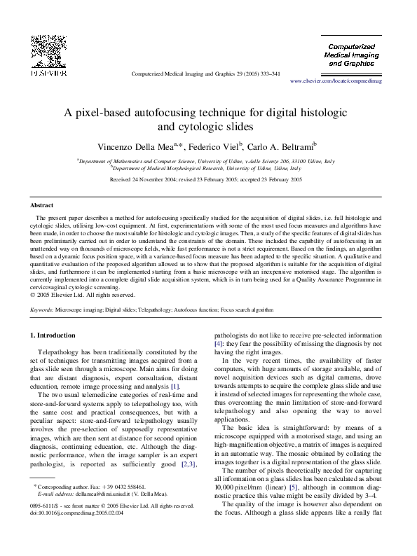 Pdf A Pixel Based Autofocusing Technique For Digital Histologic And Cytologic Slides