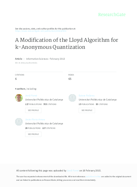 Pdf A Modification Of The Lloyd Algorithm For K Anonymous Quantization