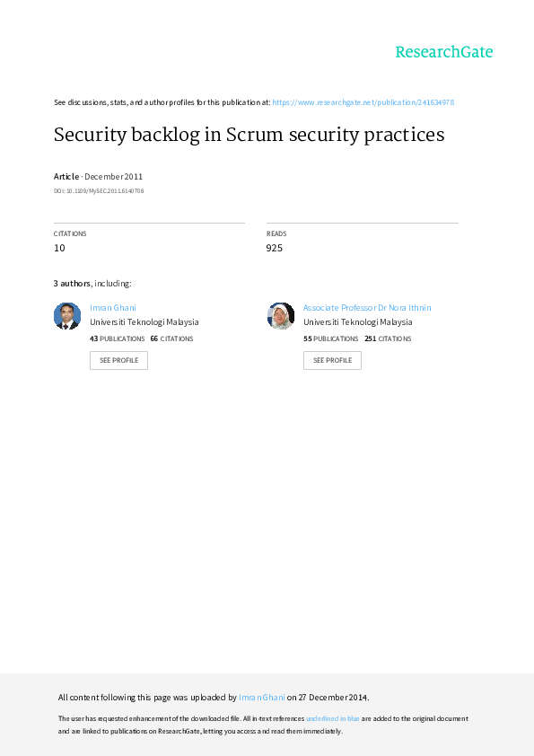(PDF) Security backlog in Scrum security practices