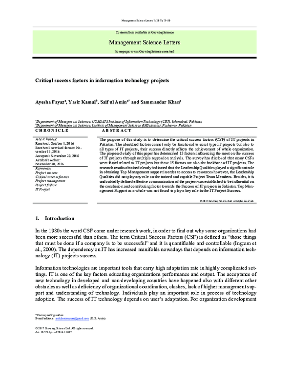 (PDF) Critical success factors in information technology projects
