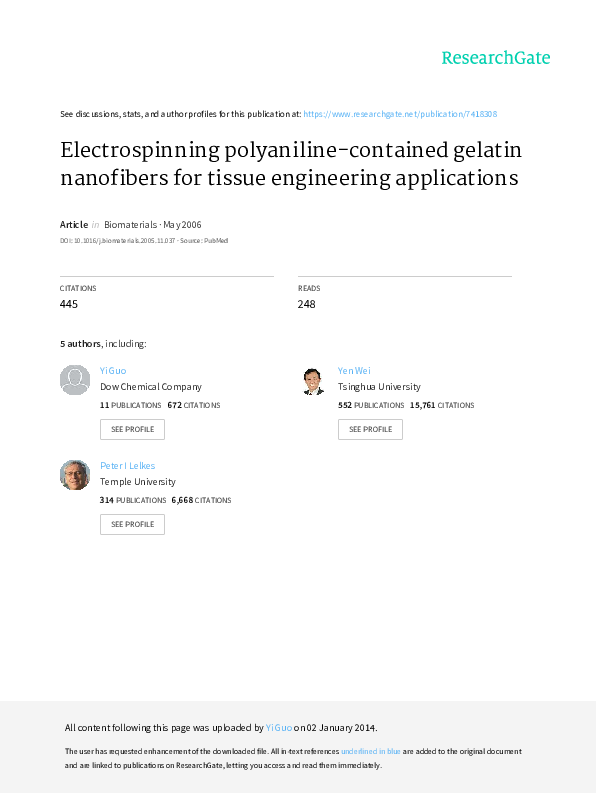 (PDF) Electrospinning polyaniline-contained gelatin nanofibers for tissue engineering applications