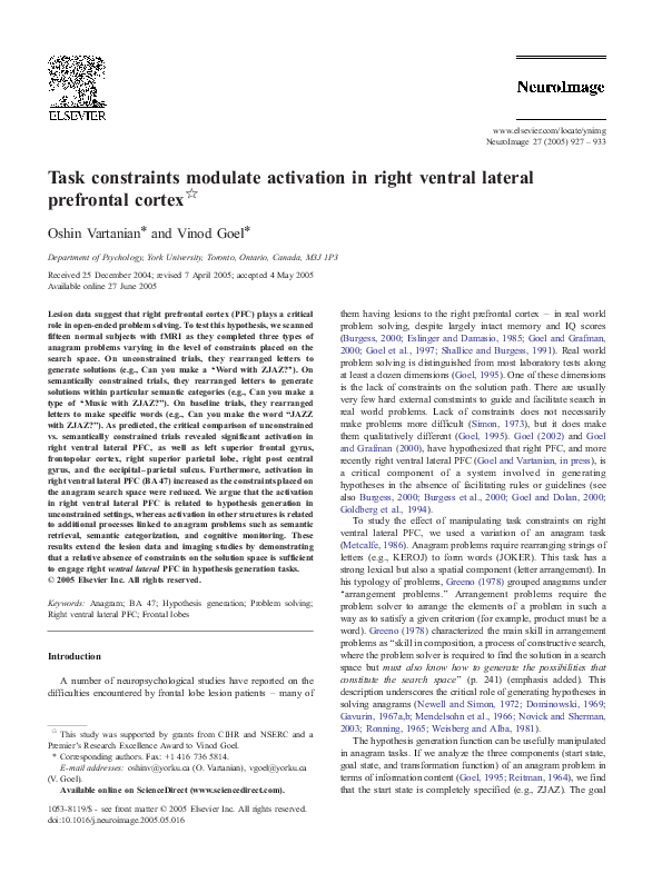 (PDF) Task constraints modulate activation in right ventral lateral prefrontal cortex