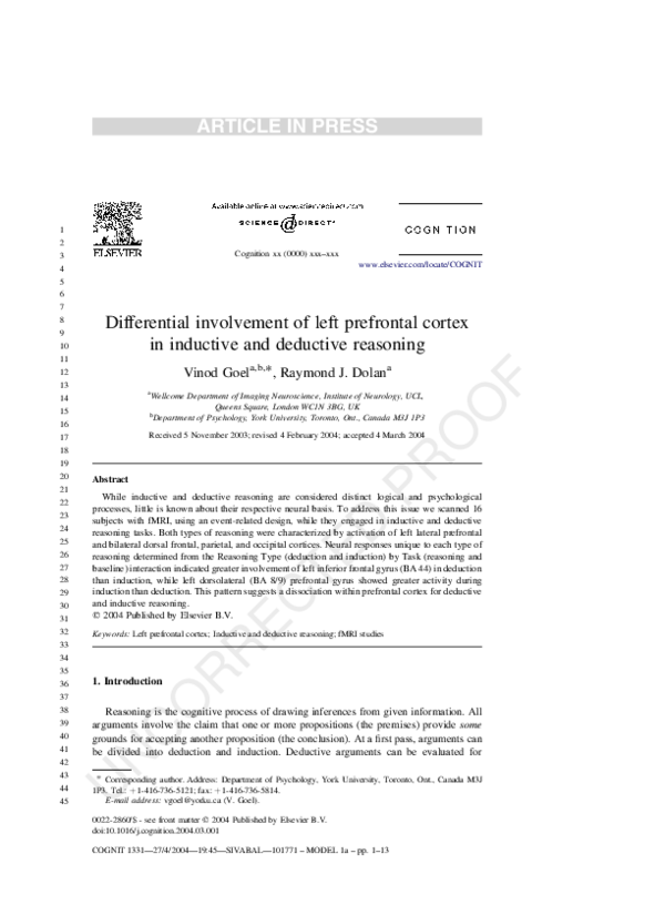 (PDF) Differential involvement of left prefrontal cortexin inductive and deductive reasoning