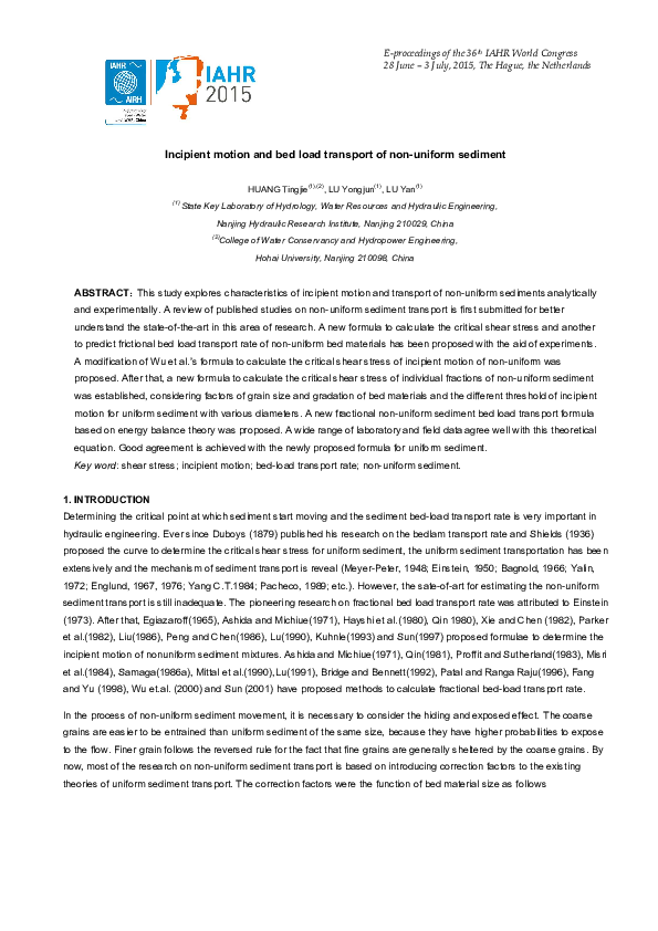 (PDF) Incipient motion and bed load transport of non-uniform sediment