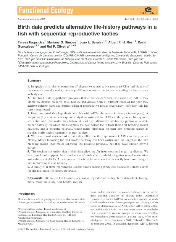 (PDF) Birth date predicts alternative life history pathways in a fish ...