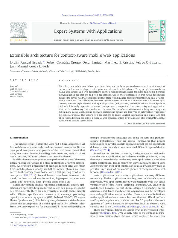 Extensible Architecture For Context Aware Mobile Web Applications