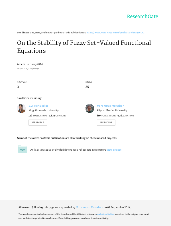 (PDF) On the Stability of Fuzzy Set-Valued Functional Equations