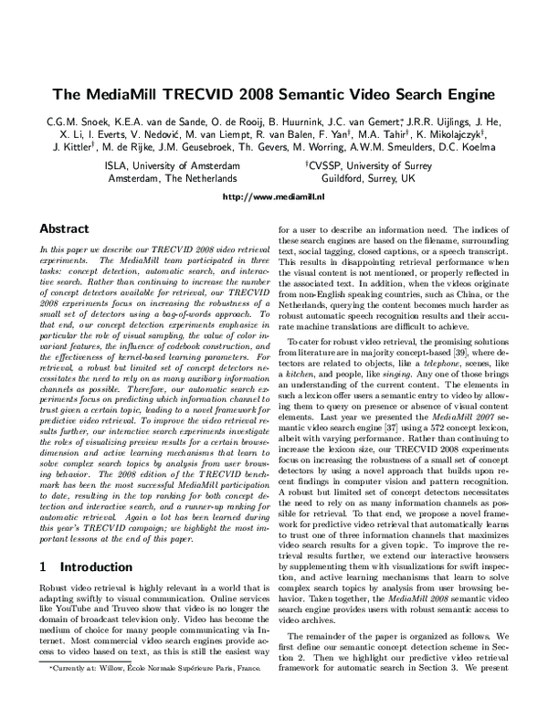 (PDF) The MediaMill TRECVid 2008 semantic video search engine