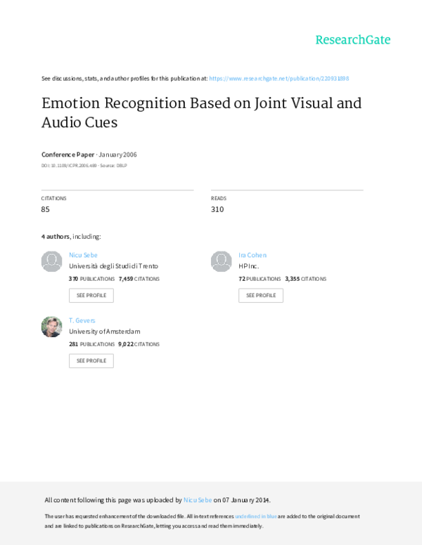 (PDF) Emotion Recognition Based on Joint Visual and Audio Cues