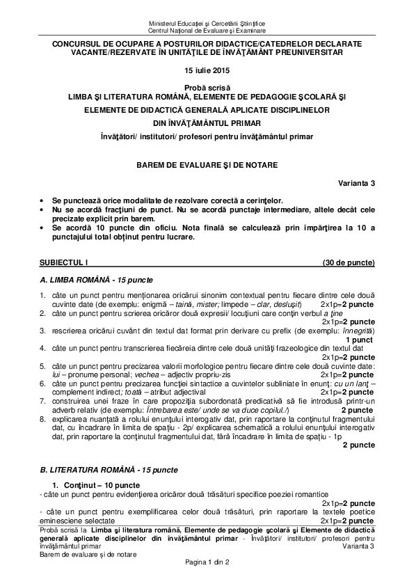 barem varianta 5 bac 2015 romana
