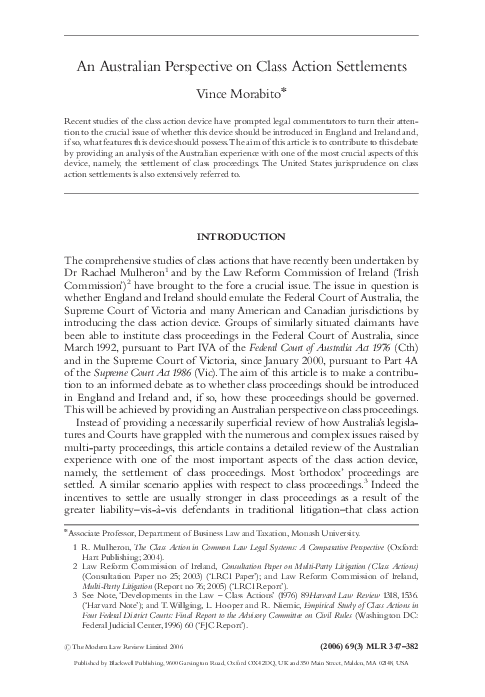 (PDF) An Australian Perspective on Class Action Settlements