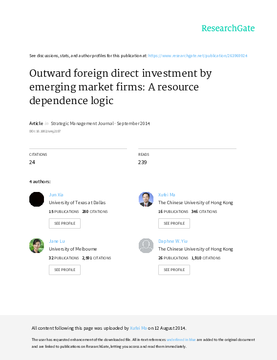 (PDF) Outward foreign direct investment by emerging market firms: A ...