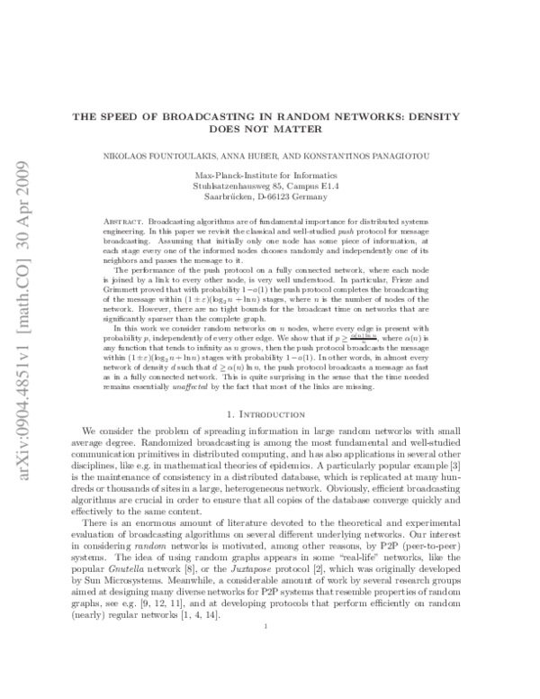 (PDF) The Speed of Broadcasting in Random Networks: Density Does Not Matter