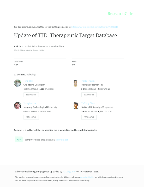 (PDF) Update of TTD: therapeutic target database