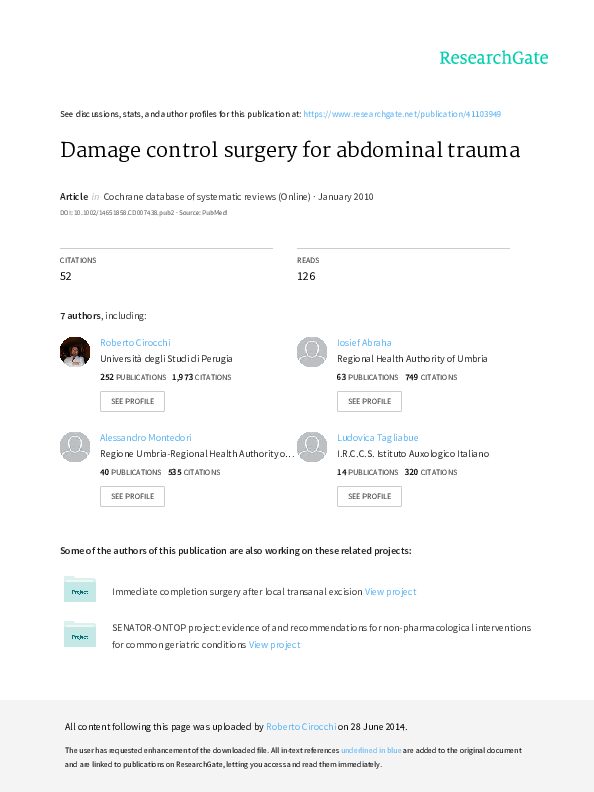 (PDF) Damage control surgery for abdominal trauma