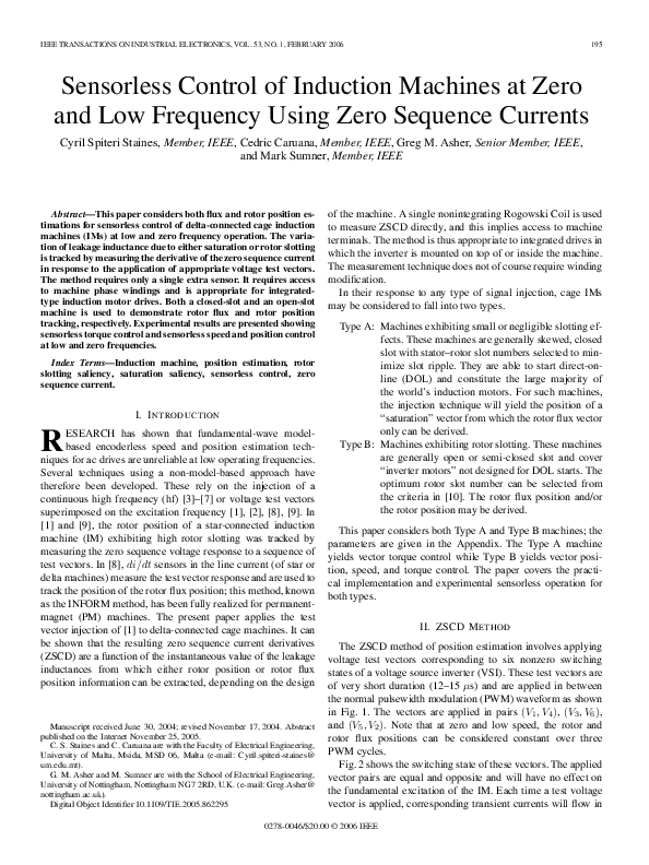 Pdf Sensorless Control Of Induction Machines At Zero And Low Frequency Using Zero Sequence