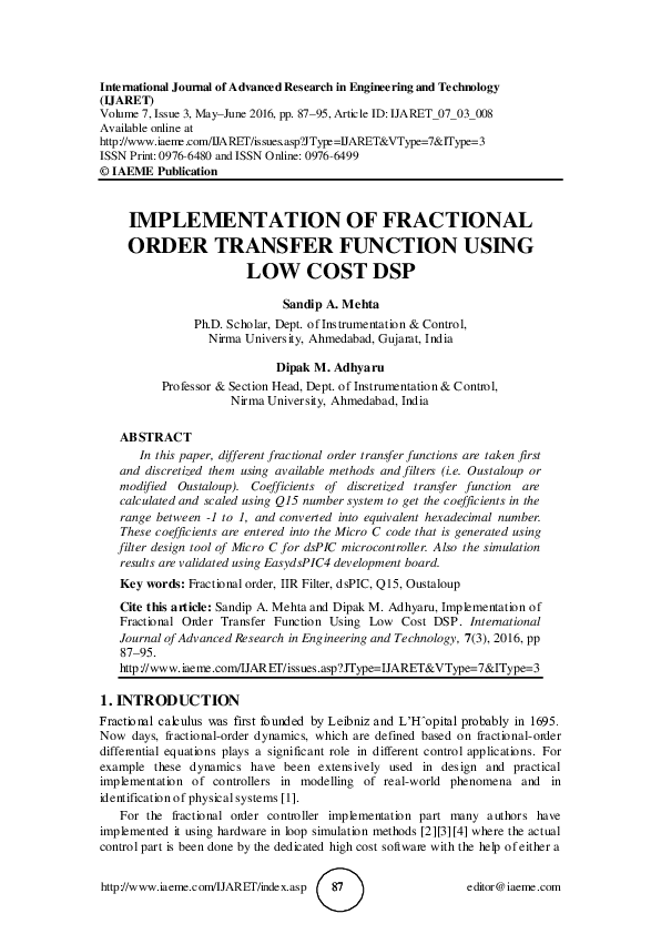 (PDF) IMPLEMENTATION OF FRACTIONAL ORDER TRANSFER FUNCTION USING LOW ...