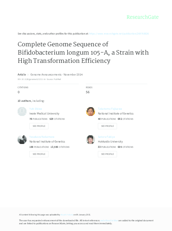 (PDF) Complete genome sequence of Bifidobacterium longum subsp. longum BBMN68, a new strain from ...