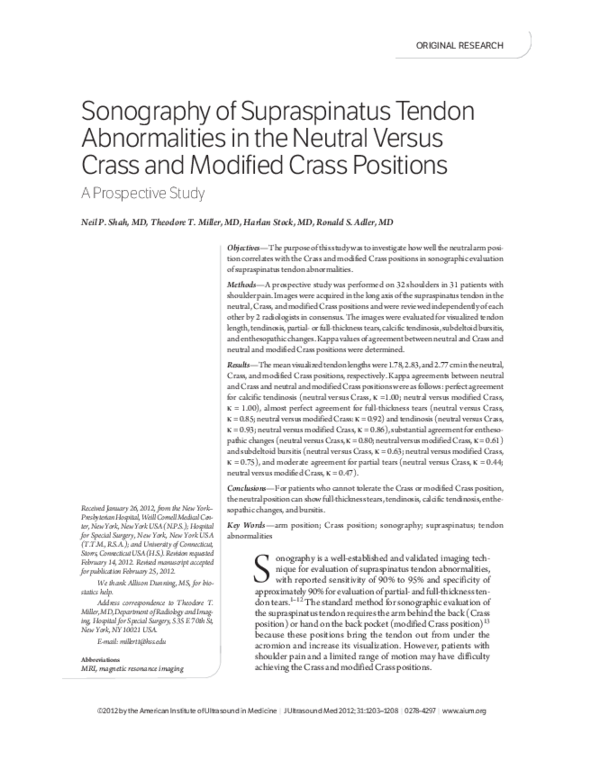 (PDF) Sonography of supraspinatus tendon abnormalities in the neutral ...