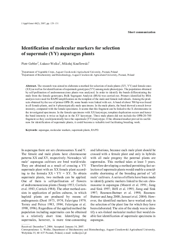 (PDF) Identification of molecular markers for selection of supermale ...
