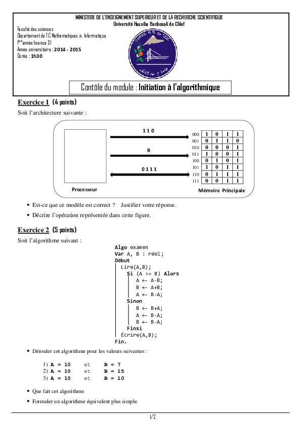 (PDF) Contôle du module : Initiation à l'algorithmique