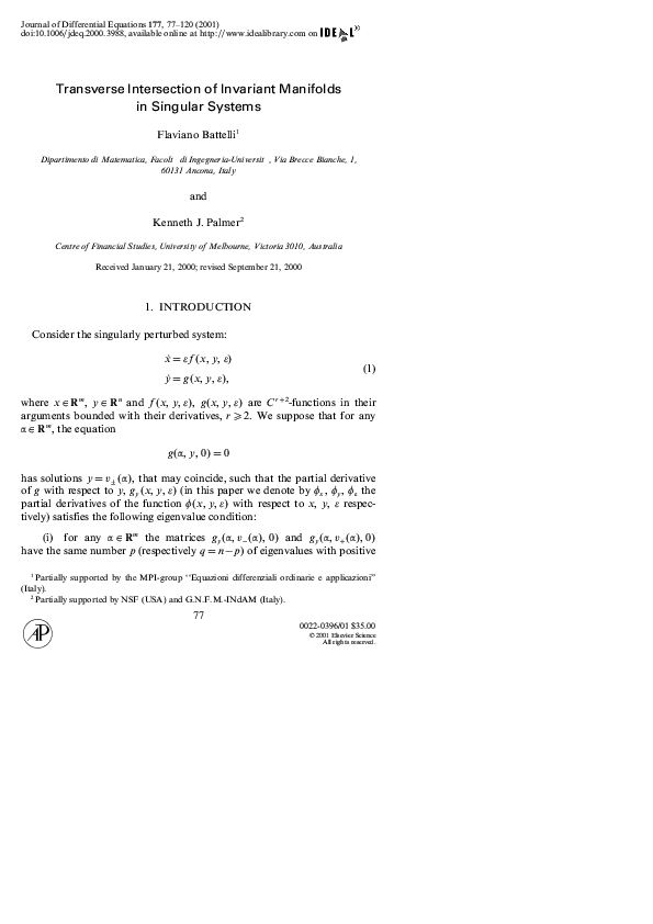 (PDF) Transverse Intersection of Invariant Manifolds in Singular Systems