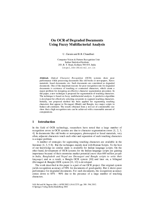 (PDF) On OCR of Degraded Documents Using Fuzzy Multifactorial Analysis