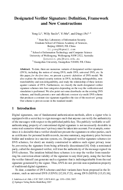 (PDF) Designated verifier signature: Definition, framework and new constructions