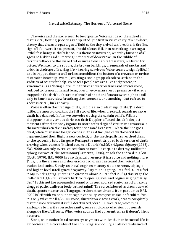 (PDF) Ineradicable Extimacy: The Horrors of Voice and Stone