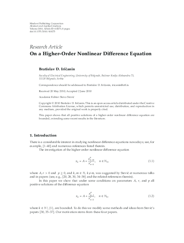 (PDF) On a Higher-Order Nonlinear Difference Equation