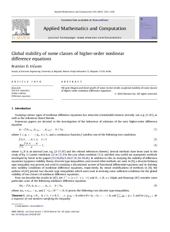 (PDF) Global stability of some classes of higher-order nonlinear difference equations