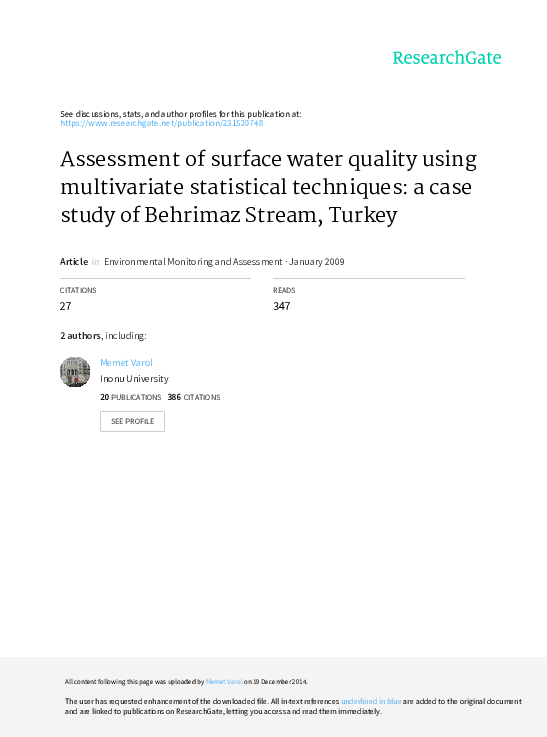 Pdf Assessment Of Surface Water Quality Using Multivariate Statistical Techniques A Case