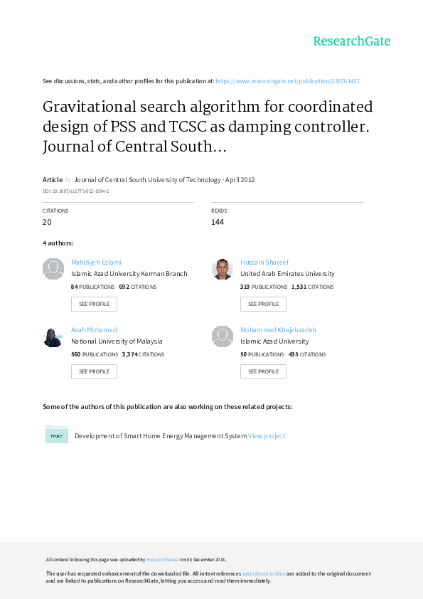 Pdf Gravitational Search Algorithm For Coordinated Design Of Pss And Tcsc As Damping Controller
