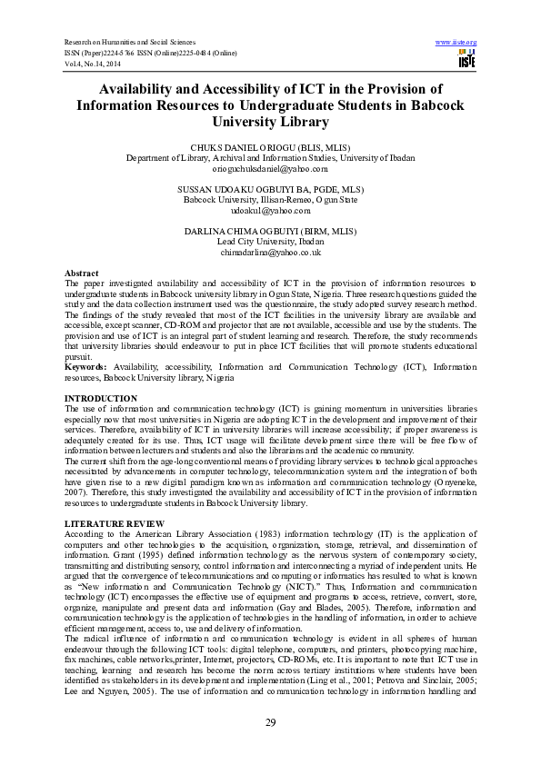 (PDF) Availability and Accessibility of ICT in the Provision of Information Resources to ...