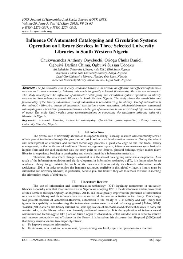 (PDF) Influence Of Automated Cataloguing and Circulation Systems ...