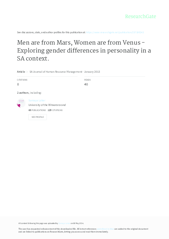 (PDF) Men are from Mars, women are from Venus: Exploring gender differences in personality in ...