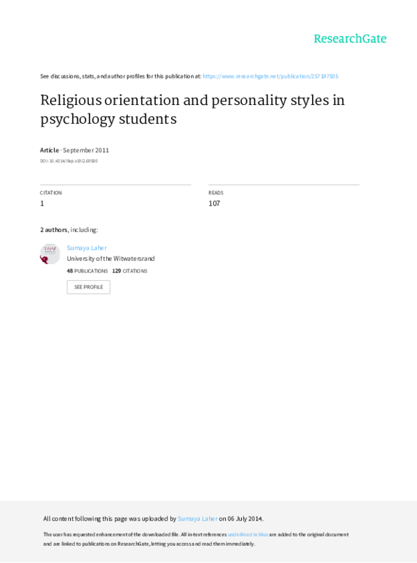 (PDF) Religious orientation and personality styles in psychology students