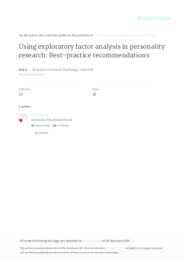 (PDF) Using exploratory factor analysis in personality research: Best-practice recommendations