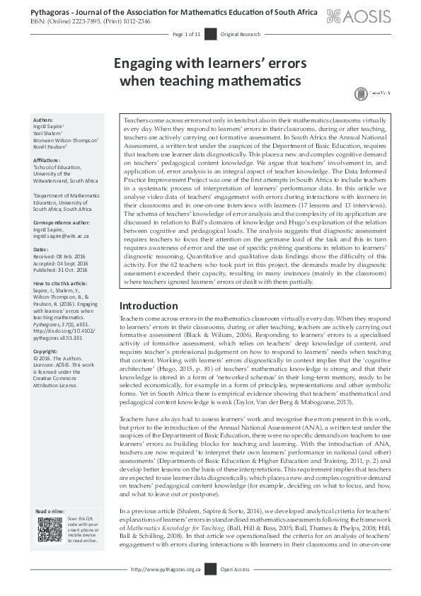(PDF) Engaging with learners’ errors when teaching mathematics