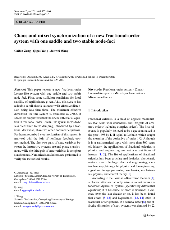 (PDF) Chaos and mixed synchronization of a new fractional-order system with one saddle and two ...